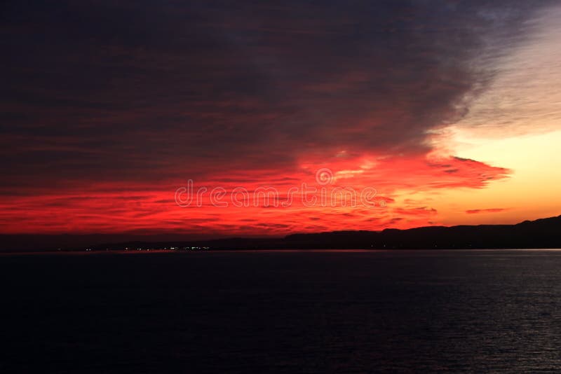 Sunset in Suez Canal & Suez Bay. Stock Image - Image of boat, cargo ...