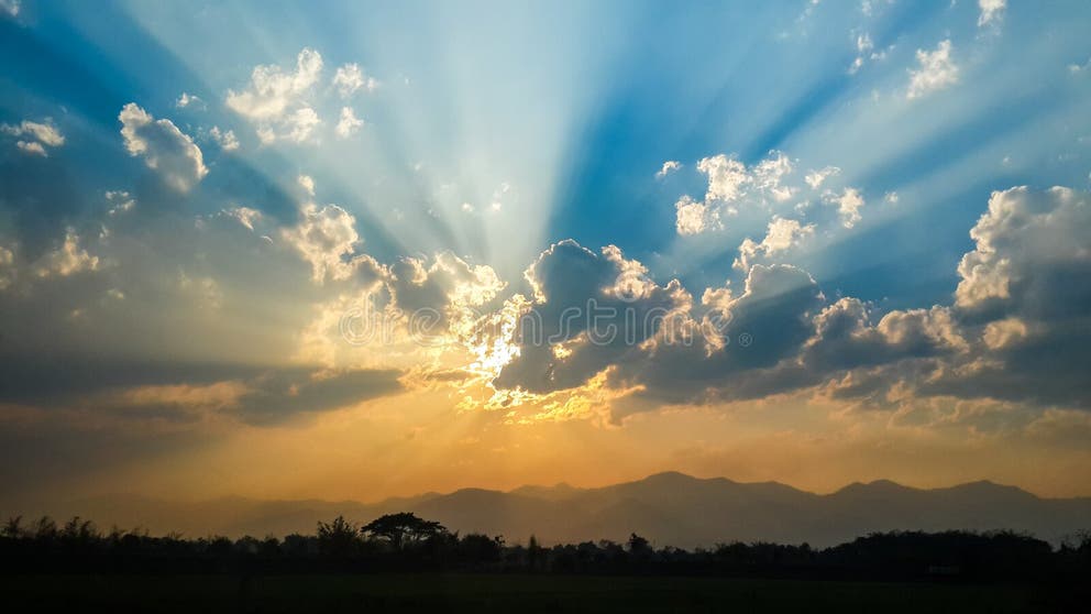 Sunset with Sun Beam, Sky with Cloud Stock Photo - Image of cloud, blue ...