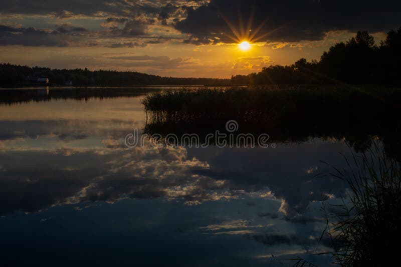 Sunset with Sun Rays at the River. Great Reflection in Water with Reed ...