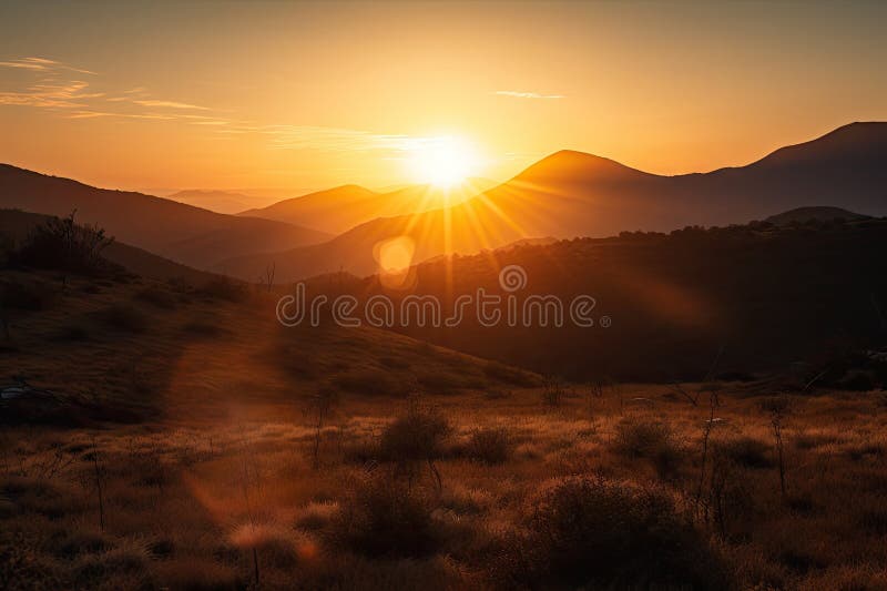 Sunset, with the Sun Setting Behind a Mountain Range, Bringing an End ...