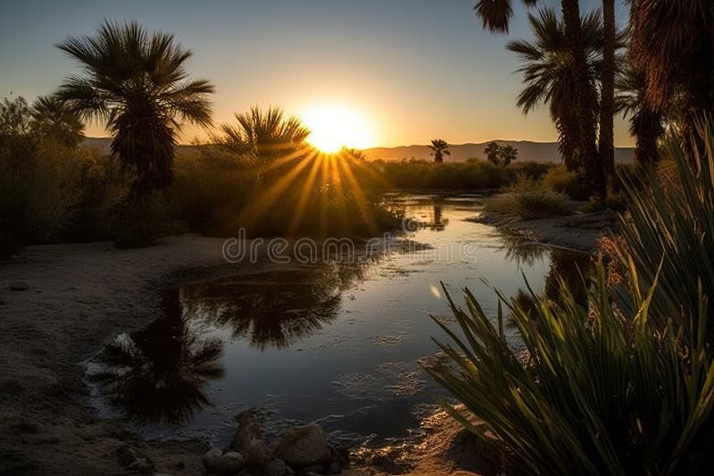 Sunset, with the Sun Setting Over a Desert Oasis, Casting Golden Rays ...