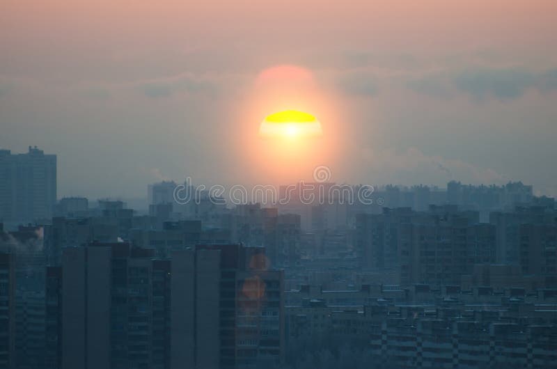 Sunset Sun View of the City Silhouette, Pollution. Stock Image - Image ...