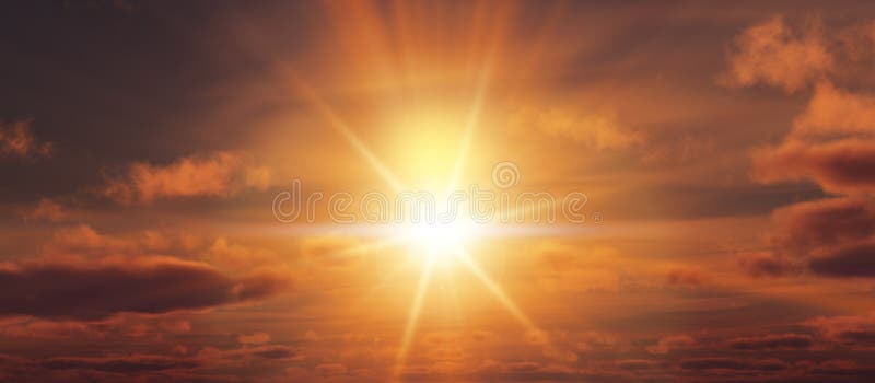 Sunset, Sunrise with Clouds, Light Rays , 3d Illustration Stock ...