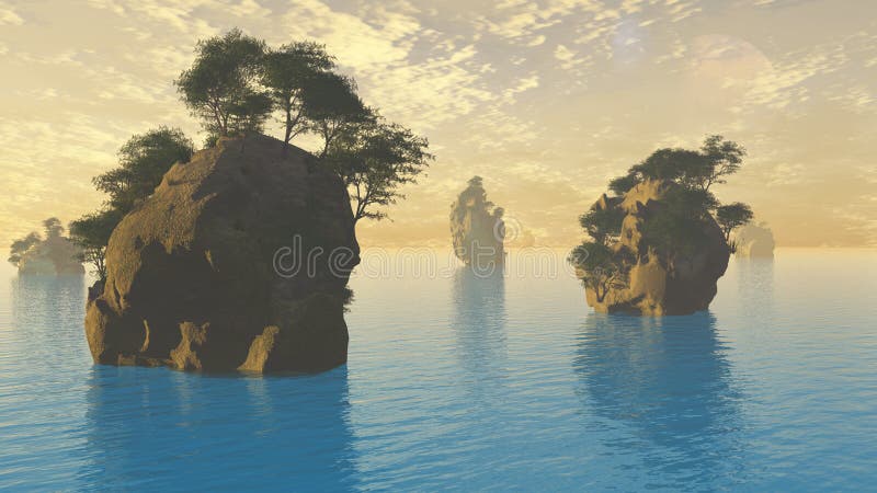 Sunset or Sunrise with Islands Stock Illustration - Illustration of ...