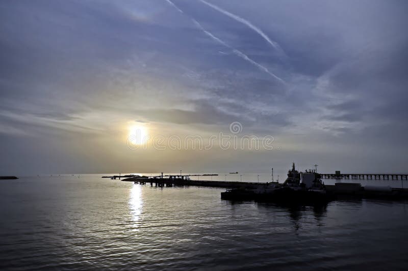 Sunset. Sunrise. Night Views of Ships and Berths in the Port Stock ...