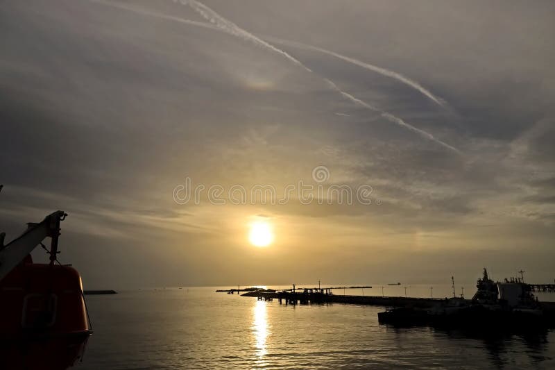 Sunset. Sunrise. Night Views of Ships and Berths in the Port Stock ...