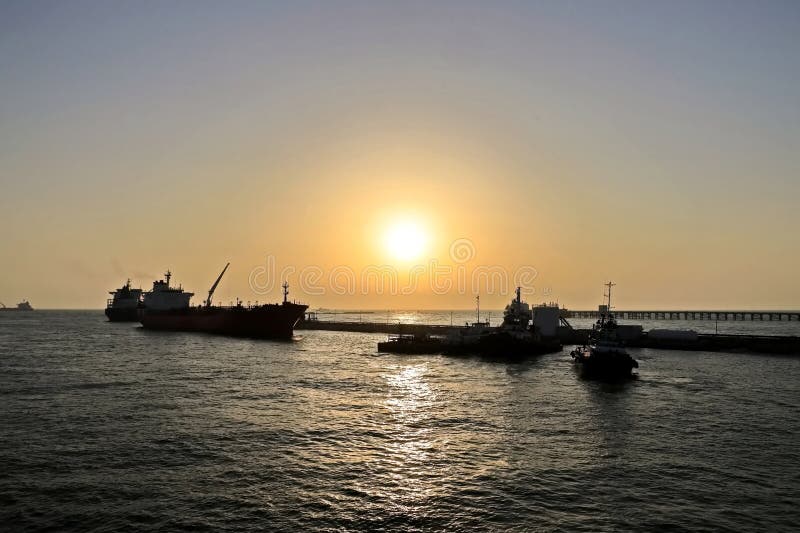 Sunset. Sunrise. Night Views of Ships and Berths in the Port Stock ...