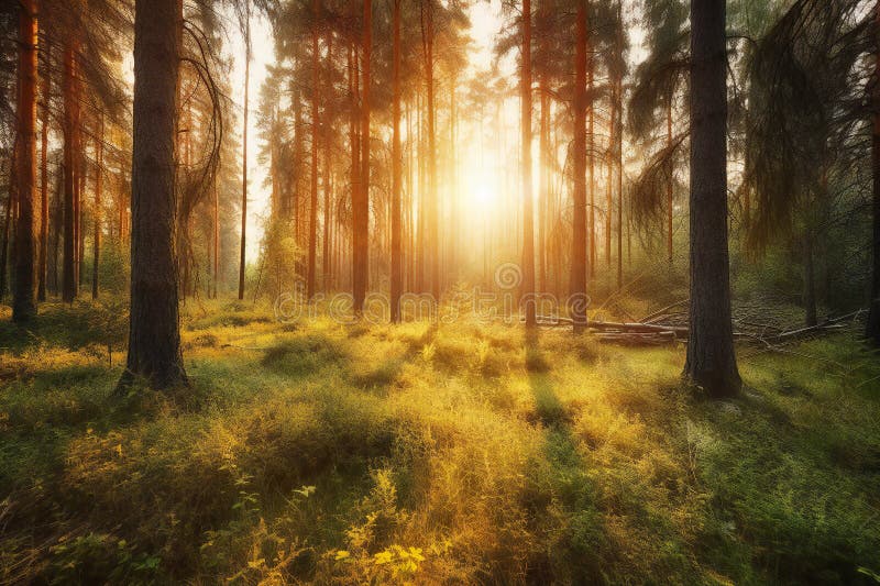 Sunset or Sunrise in a Pine Forest with Rays of Light Streaming through ...