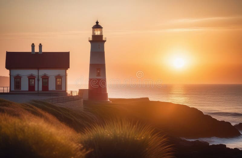 Sunset or Sunrise View of Picturesque Coast with Red and White ...