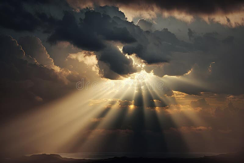 During Sunset, the Suns Rays Break through the Thick Clouds Stock ...