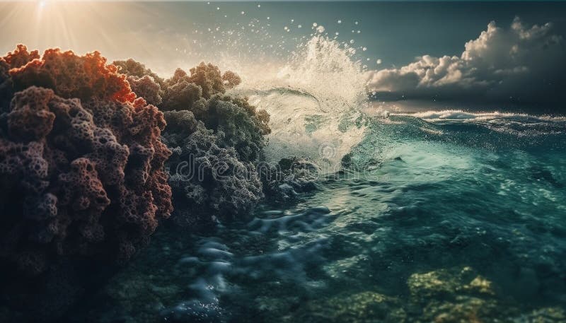 Sunset Surf Crashes on Reef, Underwater Adventure Generated by AI Stock ...