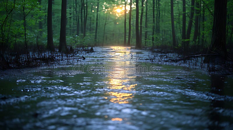Sunset Swamp Forest Path Reflection Tranquility Nature Stock ...