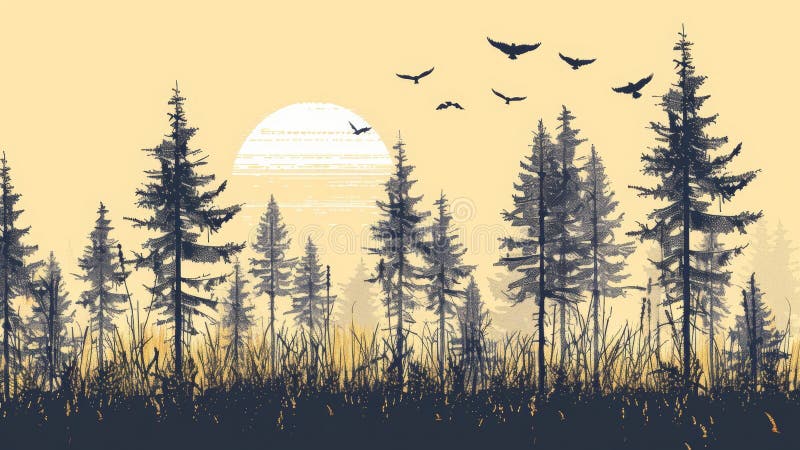 Sunset in the Swamp Silhouettes of Trees and Flying Birds Stock ...