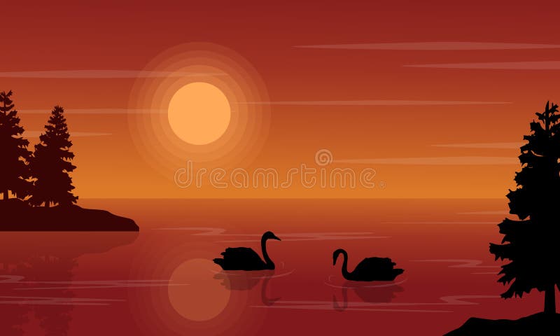 At Sunset Swan on Lake Scenery Stock Vector - Illustration of ...
