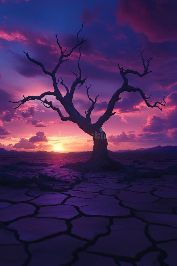 At Sunset, a Tall, Branchless Tree is Isolated in an Empty, Barren ...