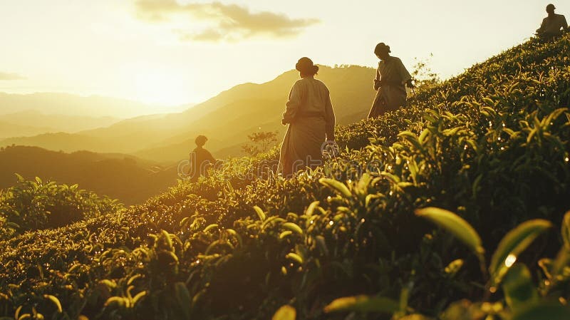 Sunset Tea Pickers Harvesting on Hillside Stock Image - Image of view ...