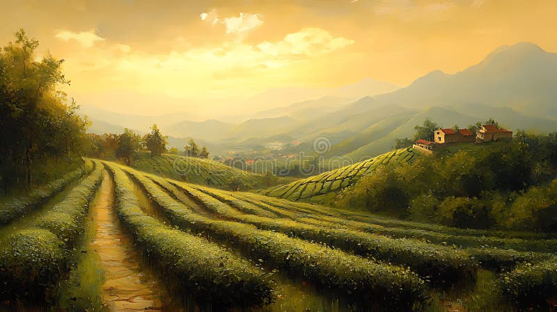 Sunset Tea Plantation Path, Mountain Valley, Idyllic Landscape ...