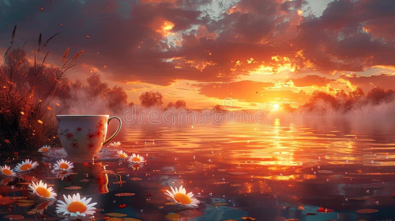 Sunset Tea by the Water - Generative Ai Stock Illustration ...