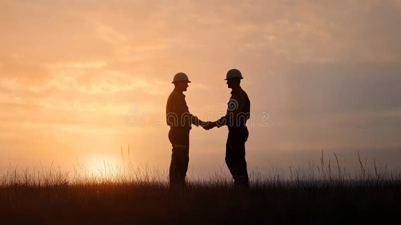 Sunset Teamwork Agreement Two Workers Shaking Hands at Sunset ...