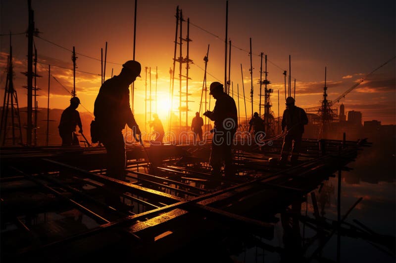 Silhouette of Teamwork, Construction Crew at Site Stock Illustration - Illustration of team ...