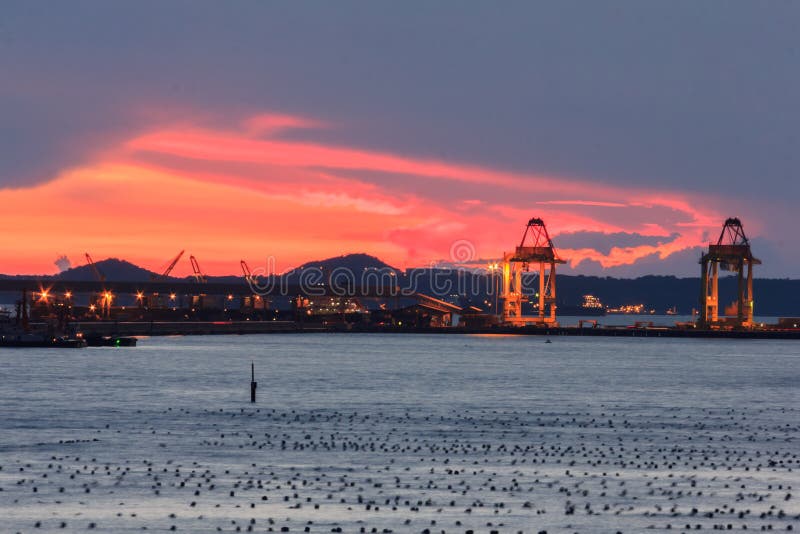 Sunset time at port ship stock image. Image of global - 91118447