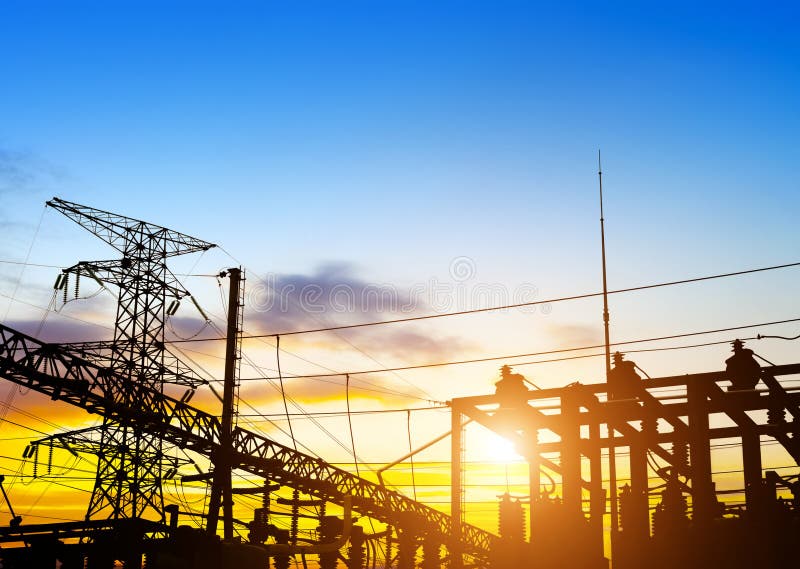 Sunset time substation stock photo. Image of blue, electricity - 99927054