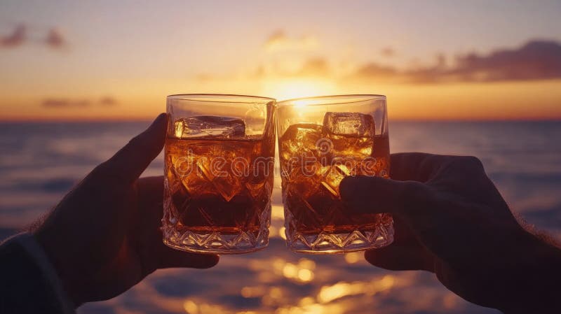 Sunset Toast with Whiskey Glasses by the Ocean Stock Image - Image of ...