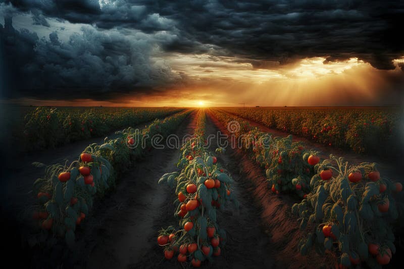 Sunset and Tomatoes Field. South Ukraine Farmland Stock Illustration ...