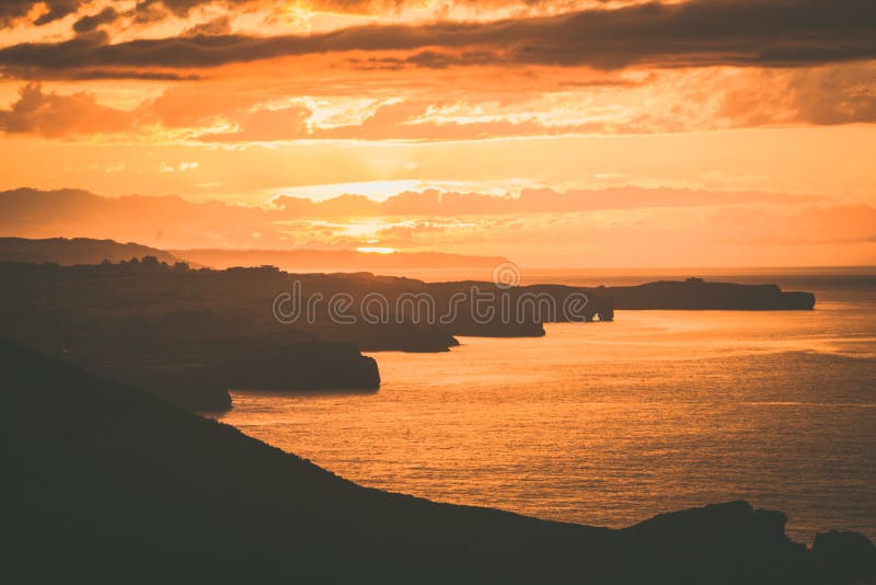 Sunset at Torimbia Beach in Llanes Asturias Stock Photo - Image of ...