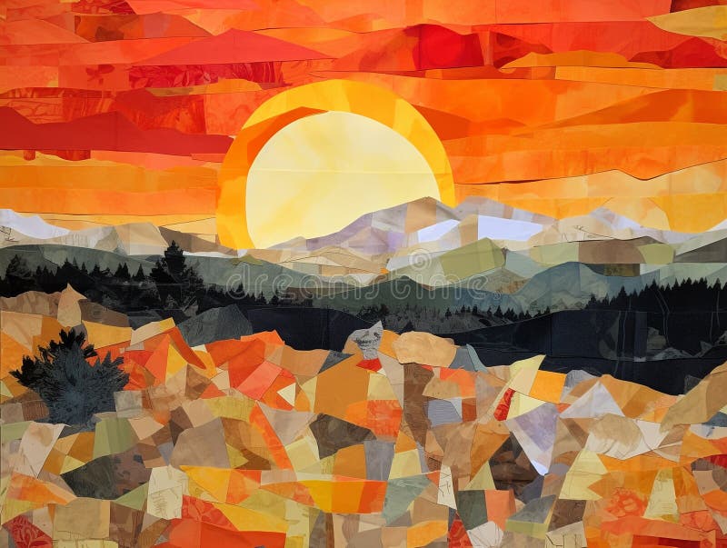 A Sunset with Torn Paper Layers Stock Illustration - Illustration of ...