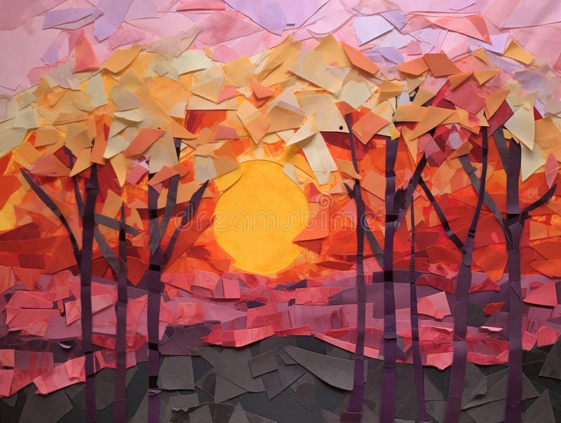 A Sunset with Torn Paper Layers Stock Illustration - Illustration of ...