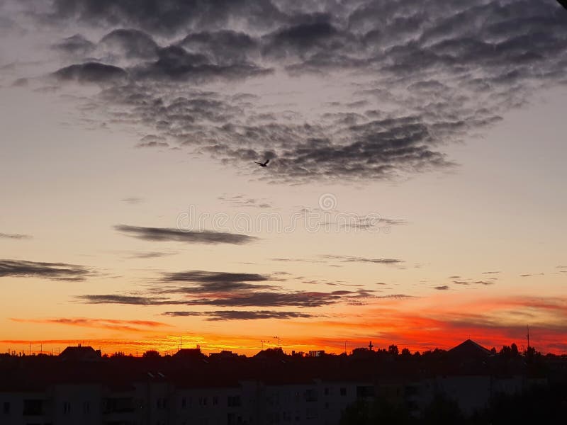 Sunset in Town with Orange Sky Piramide Stock Image - Image of dawn ...