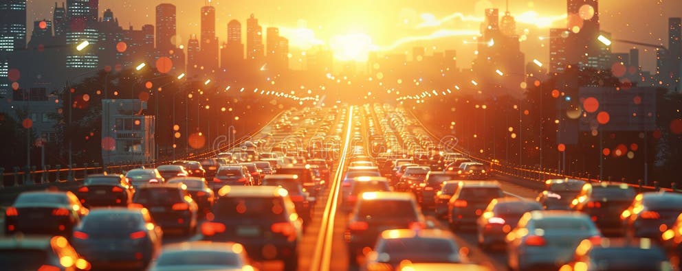 Sunset Traffic Jam in the City Stock Illustration - Illustration of ...