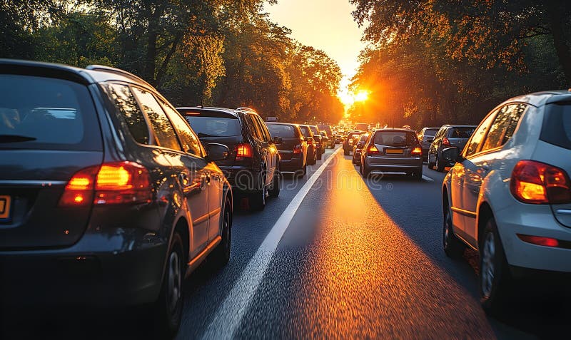 Sunset traffic jam stock illustration. Illustration of queues - 386243053