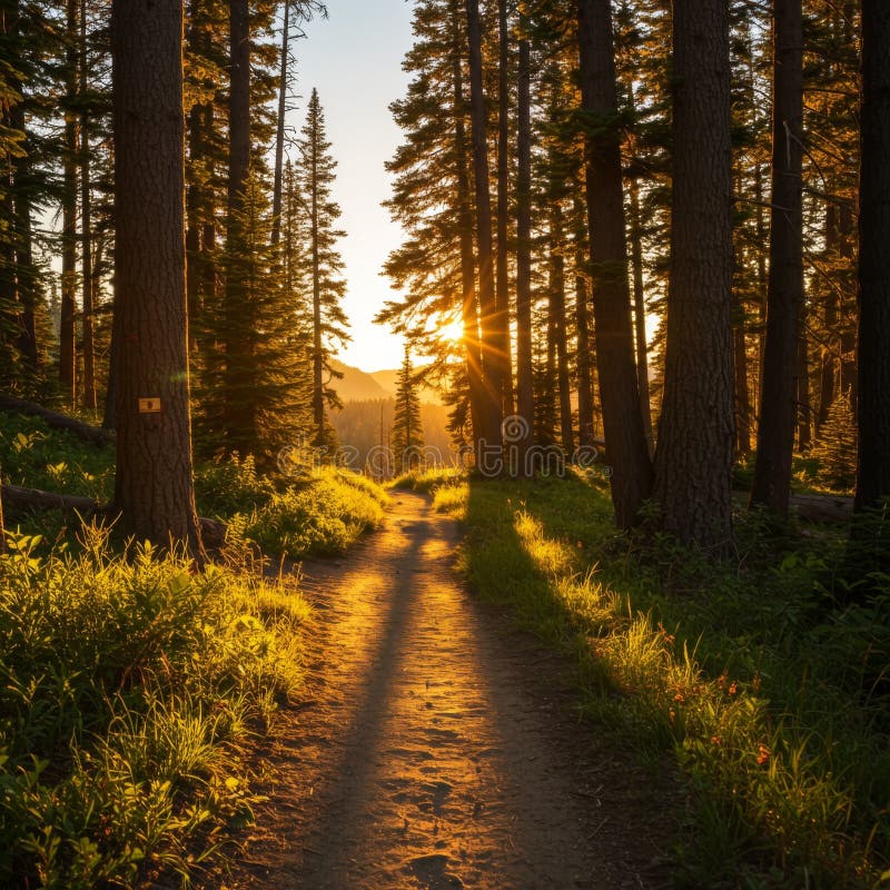 Sunset Trail through a Golden Forest Stock Illustration - Illustration ...