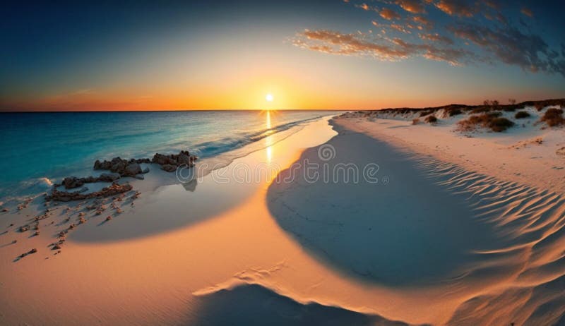 Sunset on a Tranquil Beach Orange Horizon Line Generated by AI Stock ...
