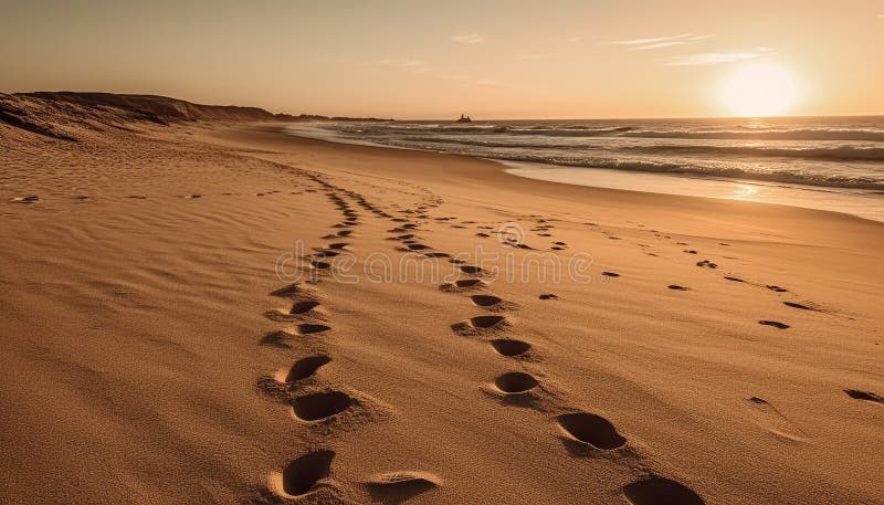 Sunset on Tranquil Coastline, Footprints in Sand Generated by AI Stock ...
