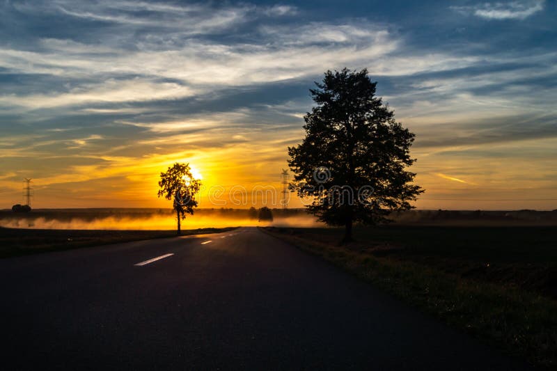Sunset Traveling, the Way To.. Stock Image - Image of line, distance ...