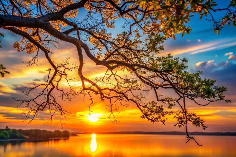 Sunset through Tree Branches Stock Illustration - Illustration of ...