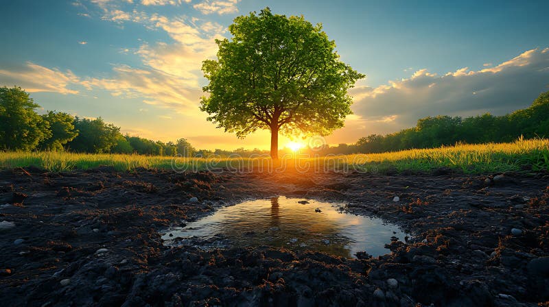 Sunset Tree Field Puddle Reflection Nature Landscape Stock Illustration ...