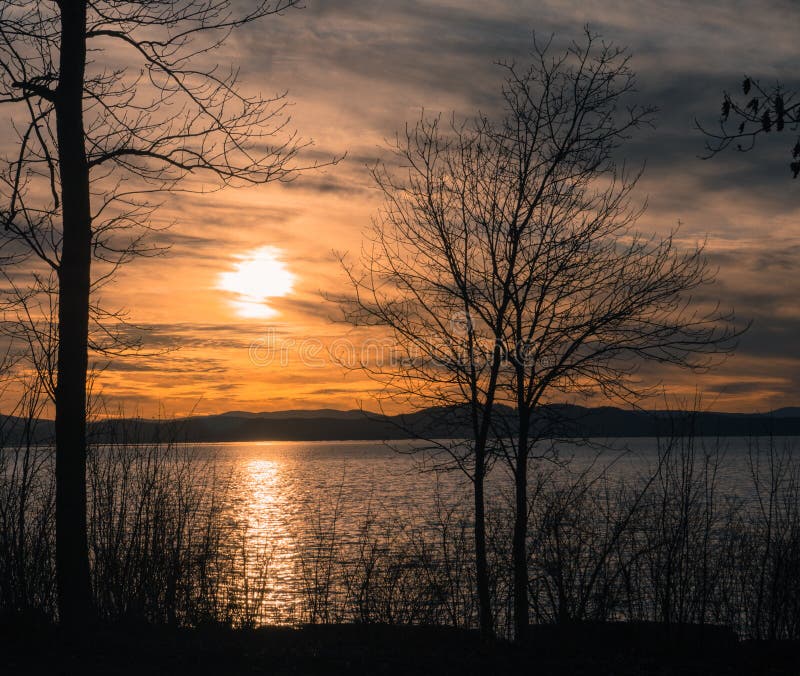 Sunset through Trees on Lake Stock Image - Image of mountains ...