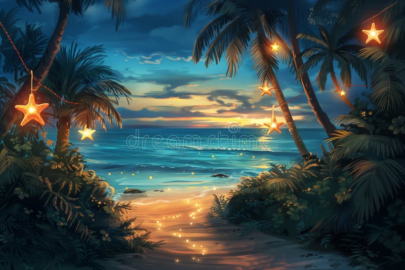 Sunset Tropical Beach with Glowing Star Lights, Palm Trees, and Ocean ...