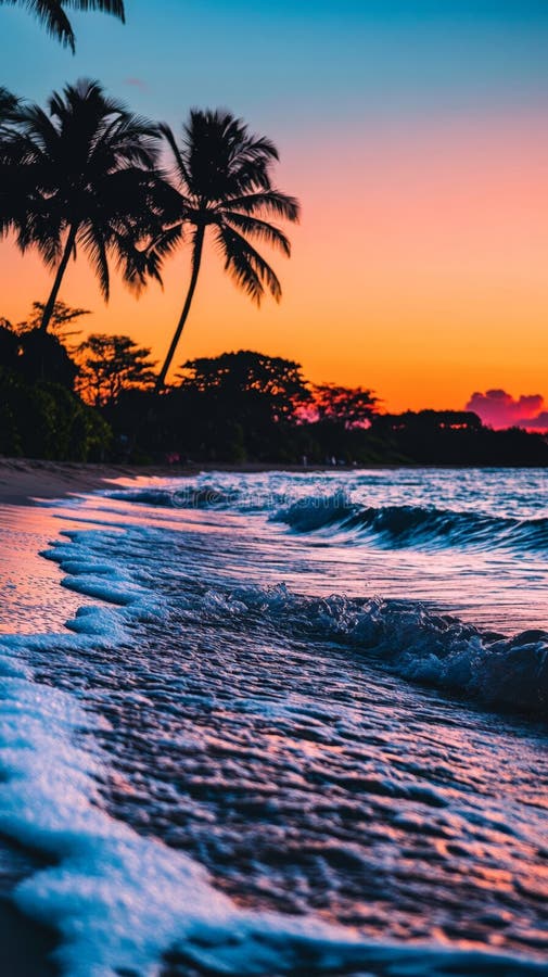 Sunset Tropical Beach with Palm Trees and Ocean Waves Stock Image ...