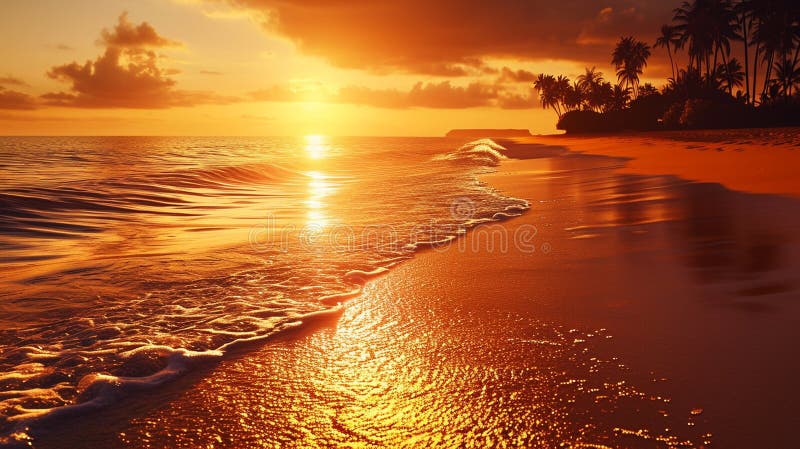Sunset on a Tropical Beach with Waves and Palm Trees Stock Illustration ...