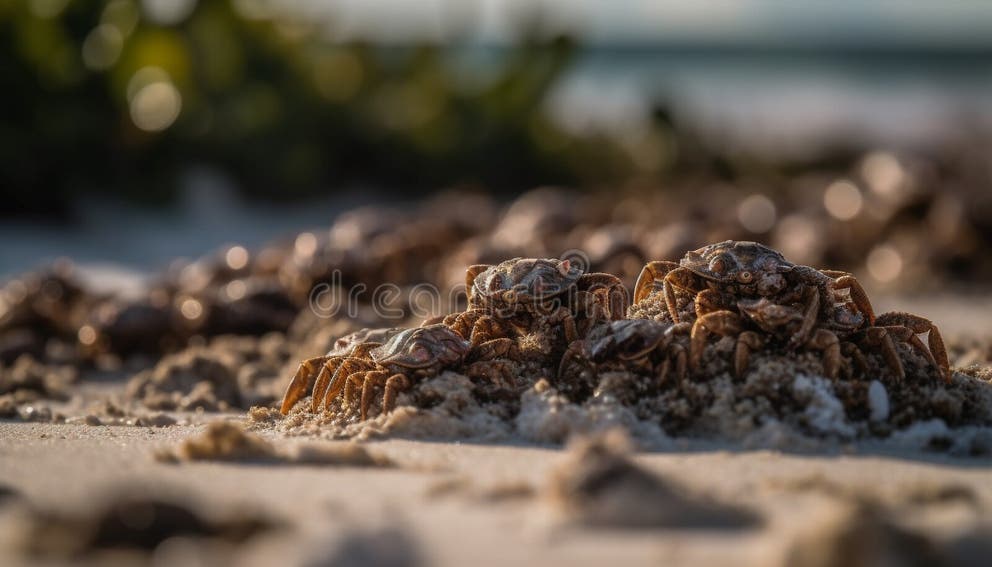 Sunset on the Tropical Coastline, Crab and Seashell Close Up Generated ...