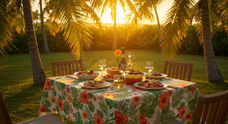 Sunset Tropical Dinner Party on Grassy Lawn Stock Illustration ...