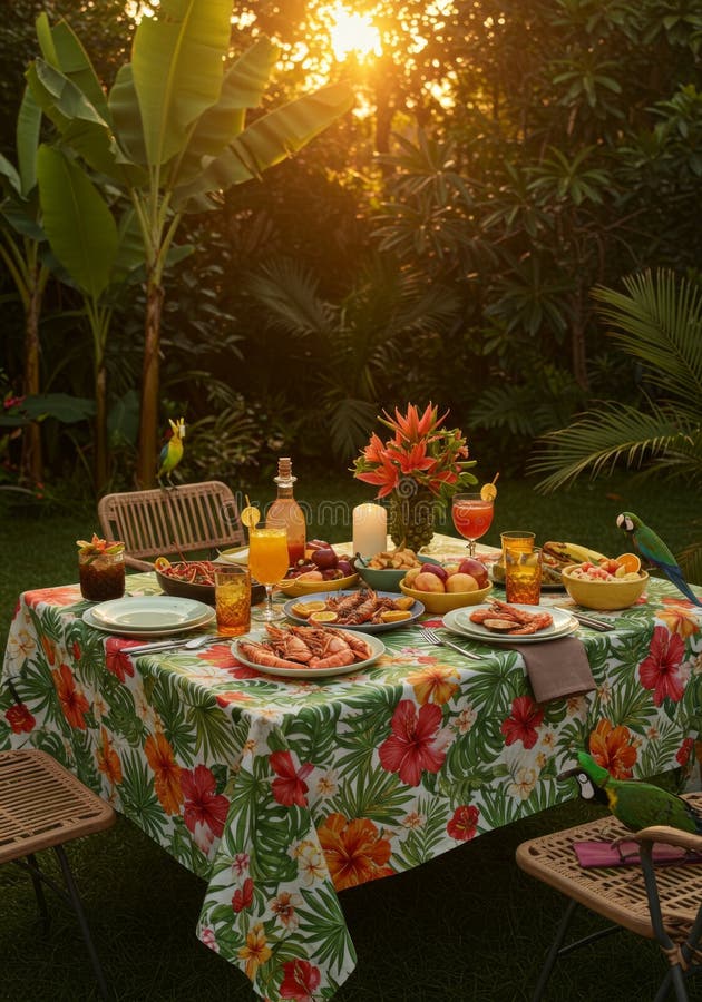 Sunset Tropical Garden Dinner Party with Hibiscus Tablecloth Stock ...