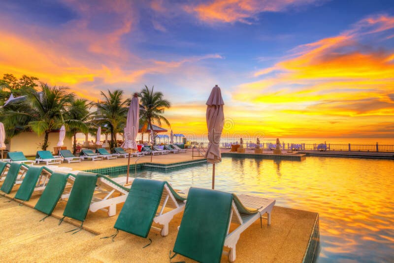 Sunset at Tropical Swimming Pool Stock Image - Image of orient, andaman ...