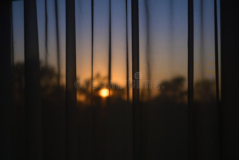 The Sunset through the Tulle on the Window. Contour Evening Dusk Light ...