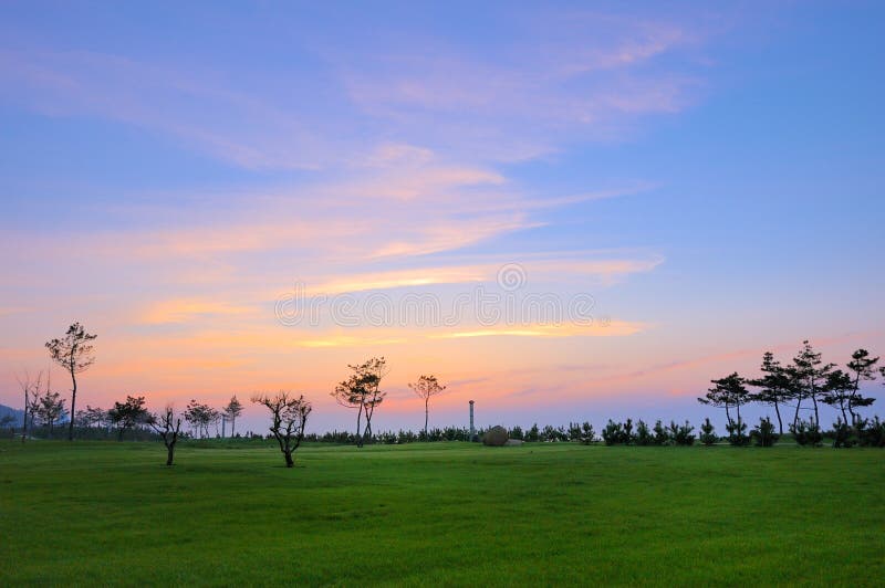Sunset and turf stock photo. Image of cloud, green, weihai - 4768788